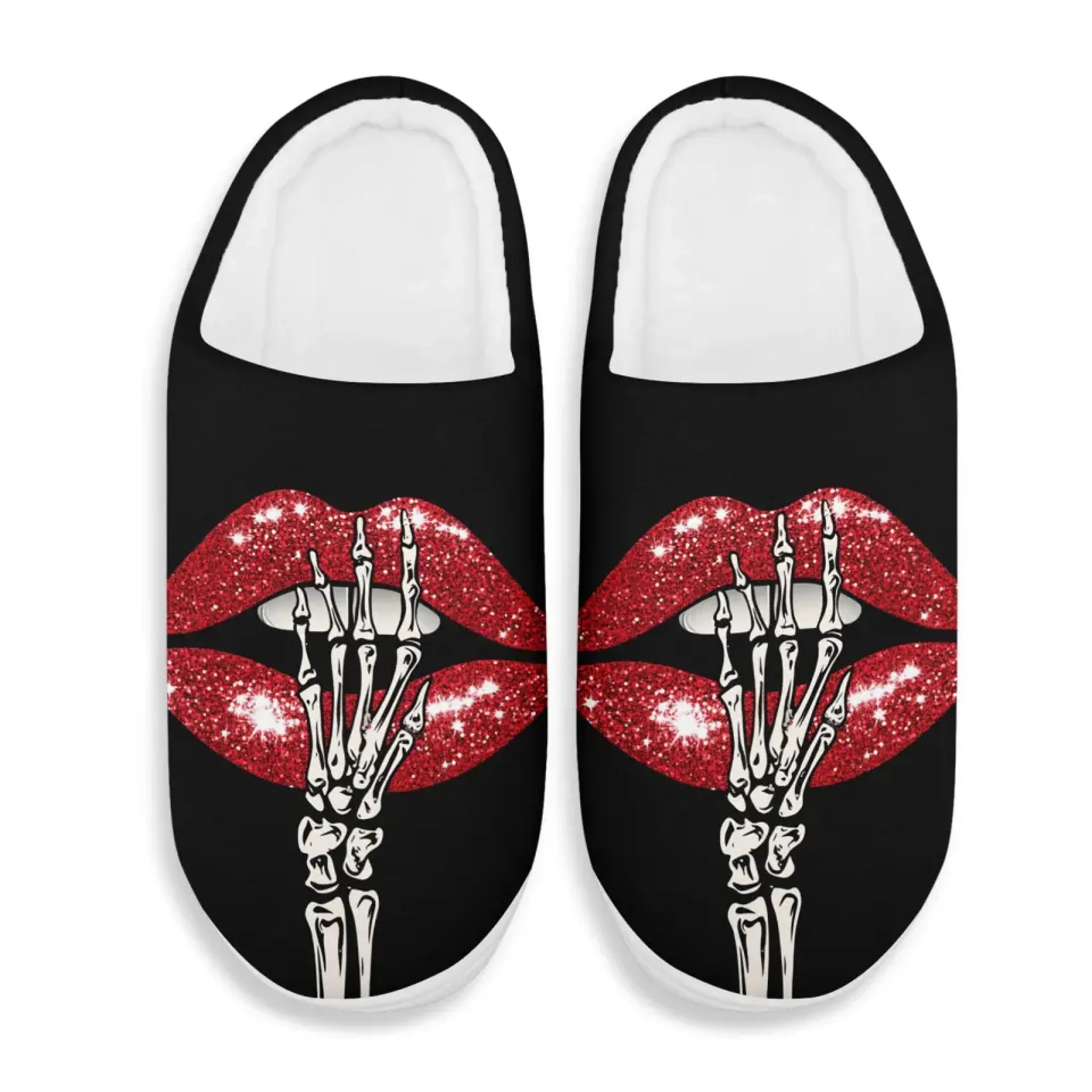 Glitter Red Lips & Skeleton Hand Printed House Slippers - Gothic Glam